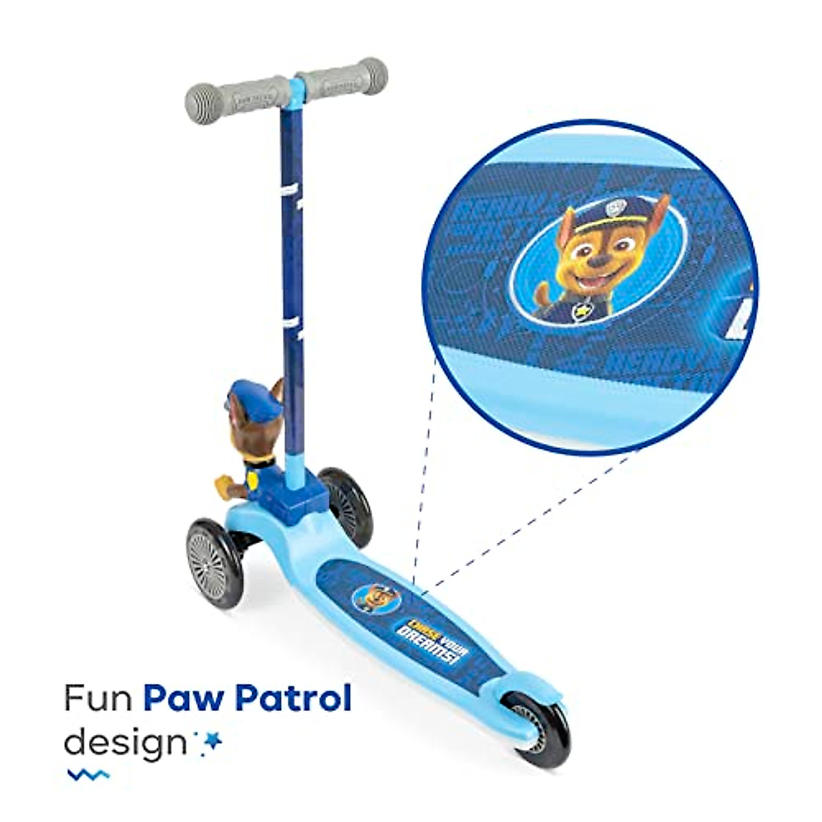 Paw Patrol Chase Kick Scooter for Kids, Self-Balancing 3 Wheeled Light Up Scooter with Extra Wide Anti-Slip Deck, Rear Brake, Lean to Steer, Lightweight Design, for Kids 3 and up, 75 LB Limit