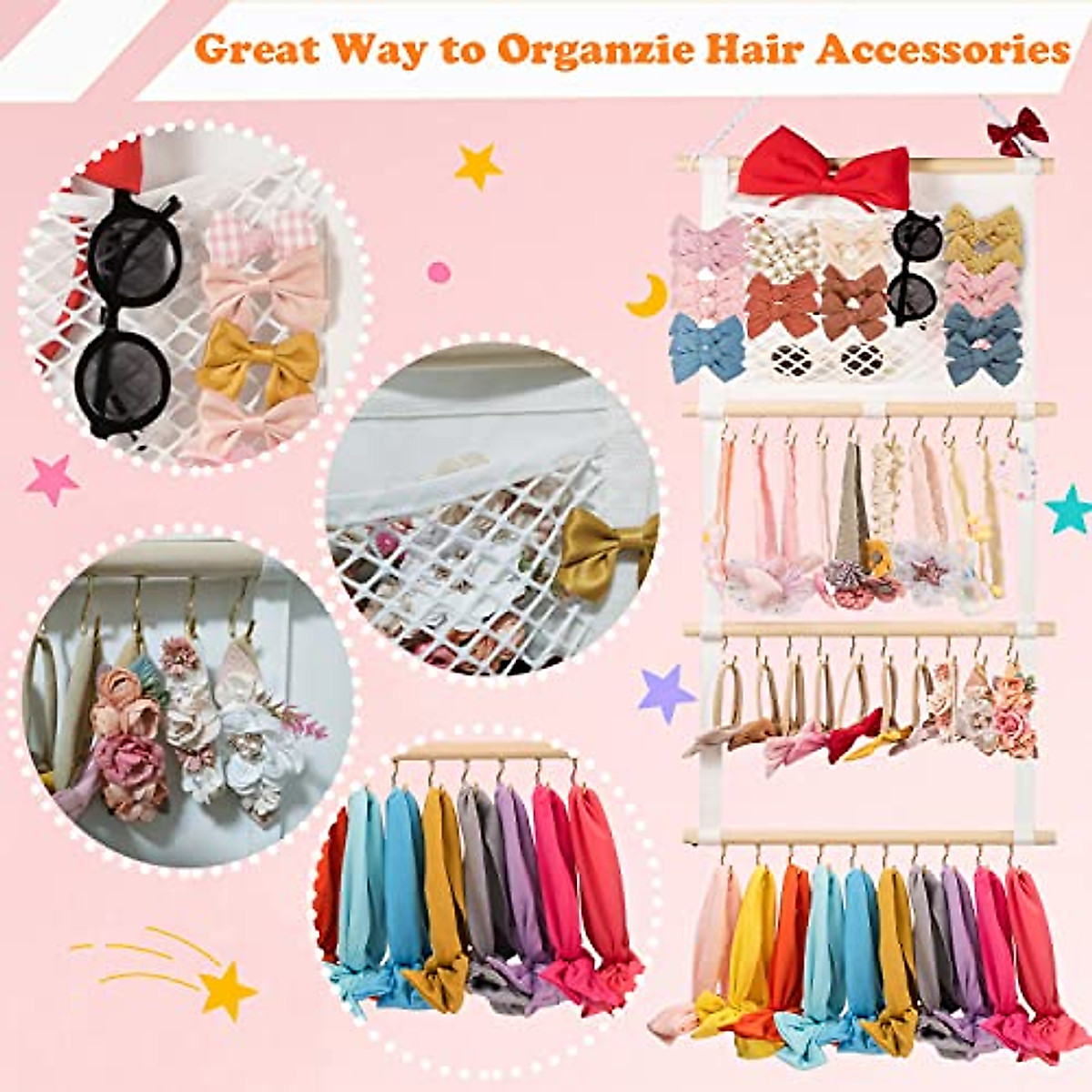 Samilcsp Bow Holder for Girls Hair Bows, Large Capacity Headband Organizer with a Storage Bag, Headband Hair Accessories Organizer Storage Display for Nursery Toddler Girls Room, Door, Closet, Wall