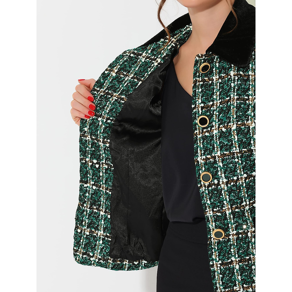 Allegra K Women's Elegant Vevelt Collared Tweed Blazer Jacket Coat Medium Green