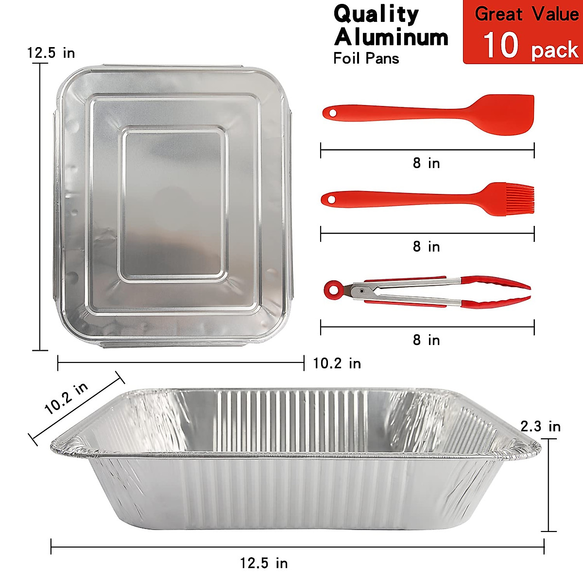 10 Pack Aluminum Pans With Lids,12.5x10.2 Extra Heavy Duty Durable Disposable Aluminum Foil Pans,Half Size Deep Steam Table Pans -Baking Pans for Cooking,Food Prepping,Party Holidays Christmas BBQ