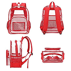 Dezcrab Clear Backpack School Backpack Bookbag for Girls Boys Women Men, Heavy Duty See Through Transparent Backpacks (Red)