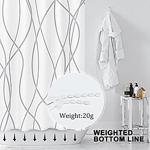 Punkray Grey and White Striped Fabric Shower Curtain for Bathroom with 12 Hooks, Curtains 72 Inches Long, Weighted Hem,Waterproof Bath Accessories Hotel Style - Machine Washable