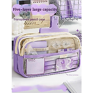 MILLEVIBE Kawaii ITA Pencil Pouch: Large Capacity Multi-Compartment Pen Case with Clear Window for Anime Display (Blue)