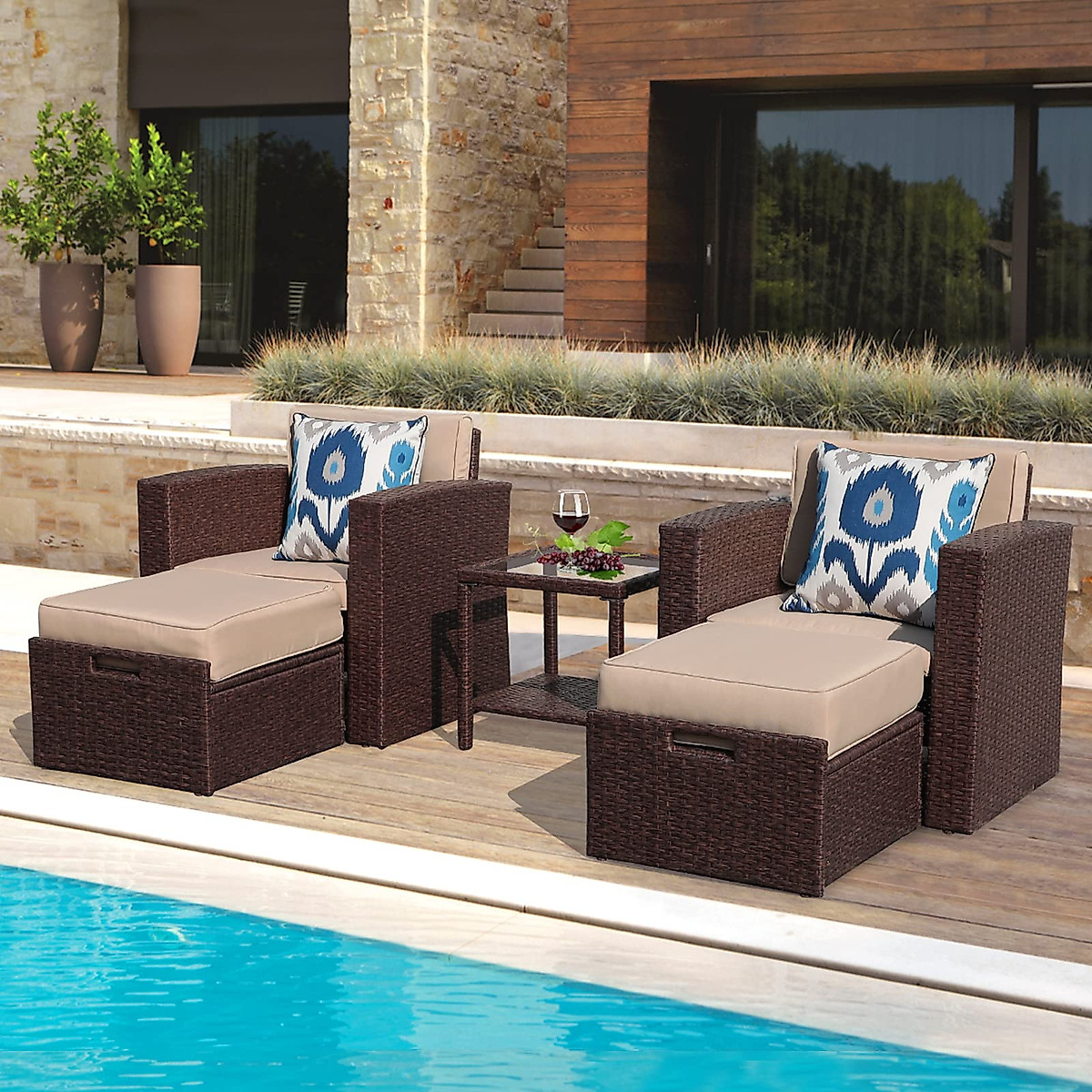 Super Patio 5 Piece Outdoor Furniture Set, PE Wicker Rattan Small Patio Set Balcony Furniture, Outdoor Sofa with Ottomans, Tempered Glass Side Table, Beige Cushions, for Porch, Deck, Poolside
