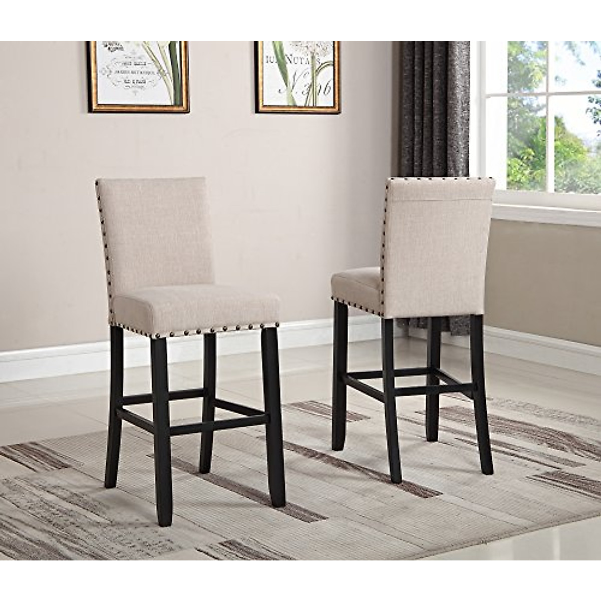Roundhill Furniture Biony Fabric Bar Stools with Nailhead Trim (Set of 2), Tan