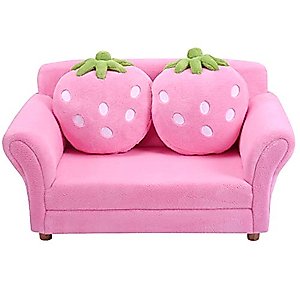 Fireflowery Kids Sofa, Children Upholstered Loveseat Lounge Bed w/ 2 Cute Strawberry Pillows, Children Couch Armrest, Double Seat Kid Sofa for Playroom Bedroom Living Room Baby Room, Pink