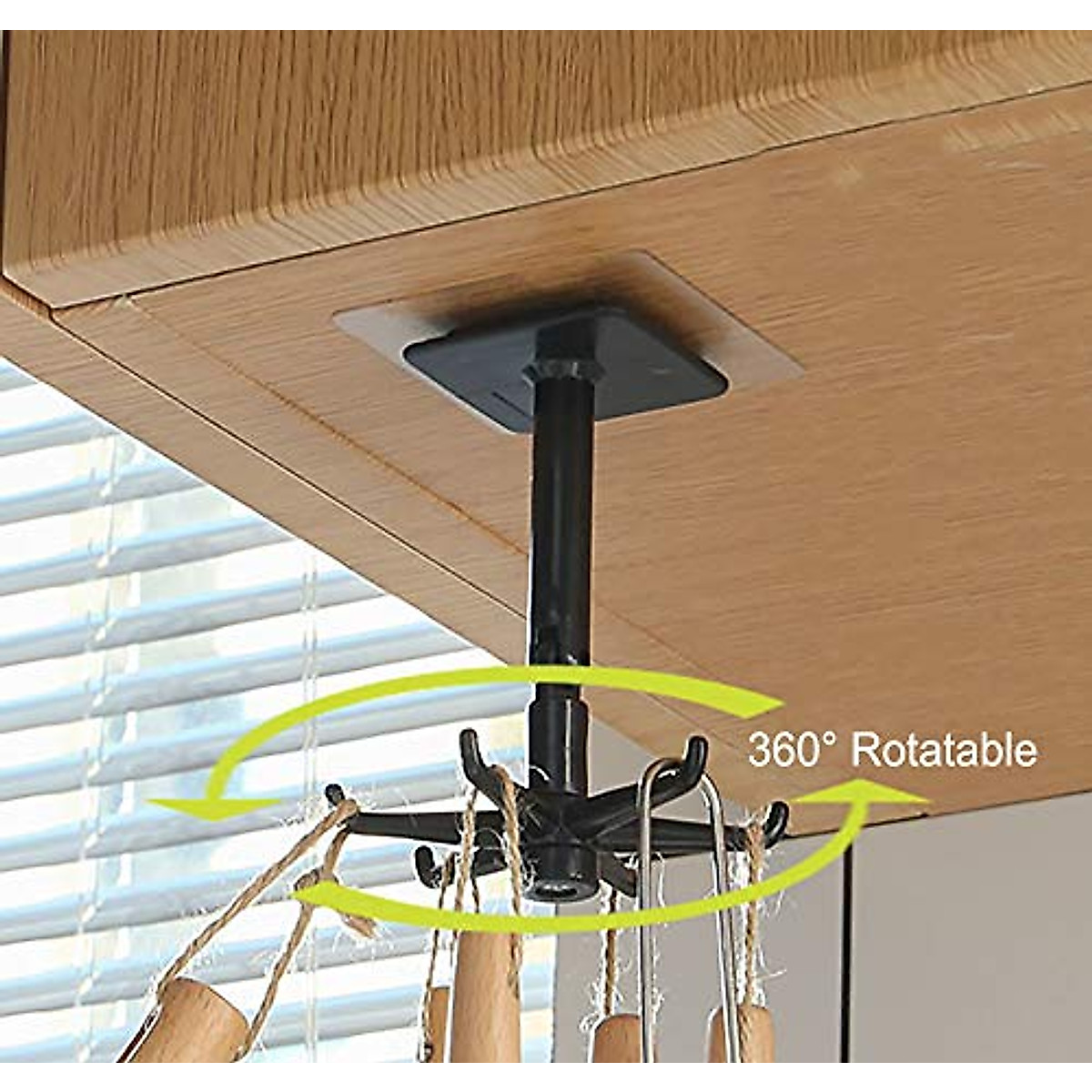 Kitchen Utensil Hanger with 6 Hooks, 2 Pack Under Cabinet Utensil Holder 360° Rotatable Kitchen Hooks Utensil Rack Space Saving No Drilling Nail Free Kitchen Utensil Organizer for Wall, Black