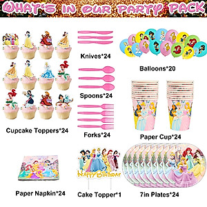 Princess Birthday Party Supplies for 24 Guests, Princess Birthday Decoration Include Happy Birthday Banner, Balloons, Aluminum film balloon, Backdrop, Cake Topper, Tableware, Hanging decoration
