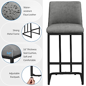 Yaheetech Counter Height Bar Stools 24'' Bar Stools Set of 2 Leather Bar Chairs Modern Upholstered Barstools with Back for Kitchen Counter Gray