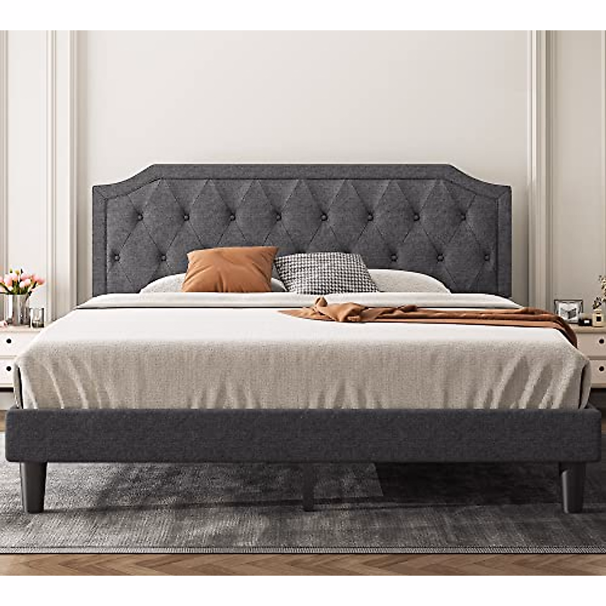 Allewie Upholstered King Size Platform Bed Frame with Adjustable and Curved Corner Design Headboard, Easy Assembly, No Box Spring Required, Dark Grey