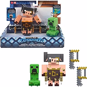 Mattel Minecraft Legends Action Figure 2-Pack, Creeper vs Piglin Bruiser Set, Attack & React Collectible Toys, 3.25-inch Scale