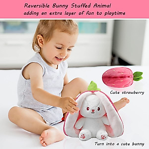 OSQI Reversible Bunny Stuffed Animal - Carrot Strawberry Plush Doll with Zipper - Soft and Adorable Rabbit Toy Pillow for Kids and Adults Easter Gift and Decoration