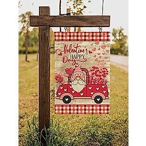 Valentines Day Gnome Truck Garden Flag 12x18 Double Sided, Red Pink Happy Valentine's Day Decor Outdoor Home Cute Sign, Day flag for outside