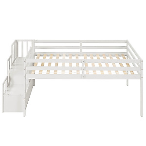 CITYLIGHT Low Loft Bed with Staircase,Twin Size Kids Loft Bed with Step Storage,Wood Loft Bed Frame Twin with Safety Guardrails for Girls, Boys,White