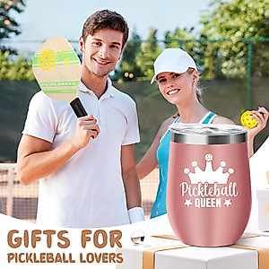 KAIRA Pickleball Queen 12 oz Insulated Wine Tumbler Cup with Lid - Rose Gold Vacuum Stainless Steel Coffee Mug Stemless Cup- Pickleball Gifts for Women, Pickleball Accessories