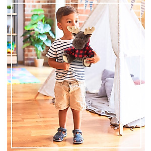 DolliBu Plush Moose with Red Plaid Hoodie - Soft Huggable Wild Life Moose, Adorable Playtime Zoo Moose Plush with Clothes, Cute Wildlife Cuddle Gift for Kids and Adults