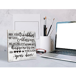 Inspirational Wood Sign, May Your Troubles Be Less & Blessings Be More, Wood Plaque Table Art Sign 6.2*6.2inch, Home Decor Sign, Farmhouse Wall Decoration, Gift for Friend or Siblings, Colleague Gift