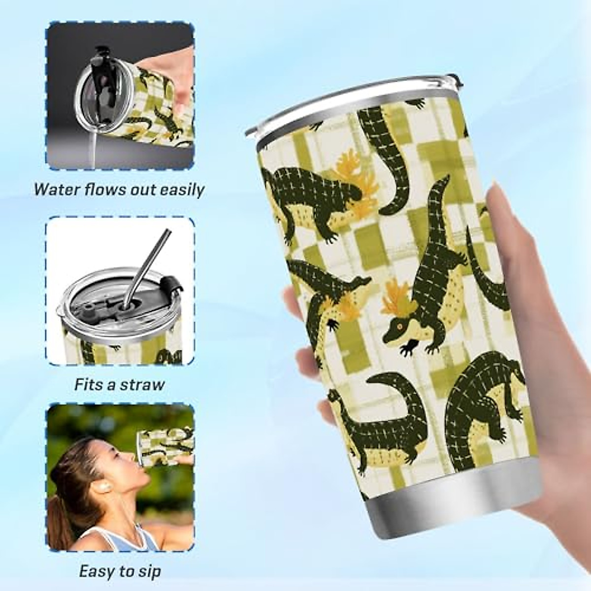 Crocrodiles Green Plaids Stainless Steel coffee cup with lid with Lid and Straw hot coffee travel mug for outdoor safe vacuum insulated tumbler with lid 20 OZ