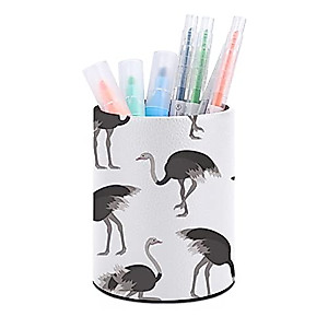 Cartoon Ostrich Bird Round PU Leather Pen Holder Desk Organizer Storage Container Pencil Container Brush Scissor Box