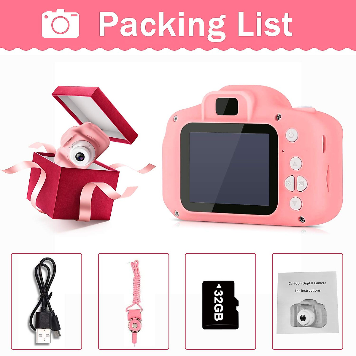 1080P Kids Camera for Girls, Toddler Camera for Christmas Birthday Festival Gift, Children Rechargable Selfie Camera Toy for 3-9 Year Old Girls, Multi-Functional Kids Digital Camera with 32GB SD Card