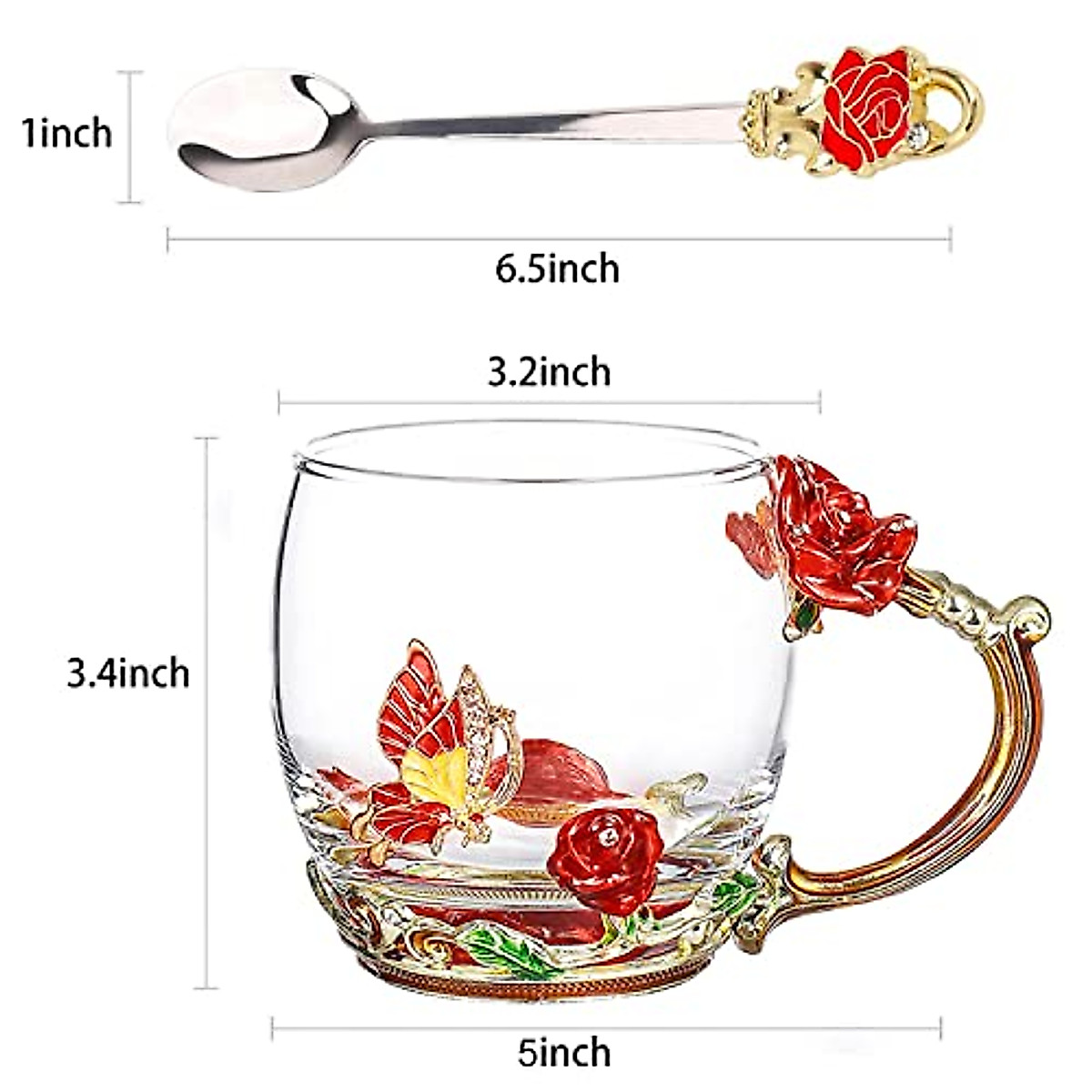 Tea Cup Glass Coffee Mugs (12 oz), Pack of 2 Fancy Tea Cups, Clear Glass Cups with Spoon Set, Mother's Day Gifts, Handmade Butterfly, Rose Flower Enamel Design, Birthday Decoration Wedding Gift Ideas