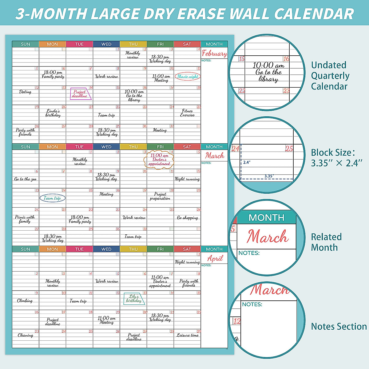 Large Dry Erase Calendar - Dry Erase Calendar for Wall, Undated 3 Months Calendar, 27.8" x 40", Large Erasable & Reusable Wall Calendar with 8 Round Stickers, Great Layout Dry Erase Wall Calendar for