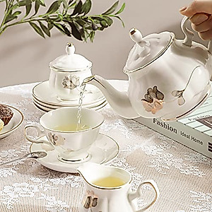 Tea Set 22-Piece Porcelain Ceramic Coffee Tea Gift Sets Cups Saucer Service for 6 Teapot Sugar Bowl Creamer Pitcher and Teaspoons (Chrysanthemum)