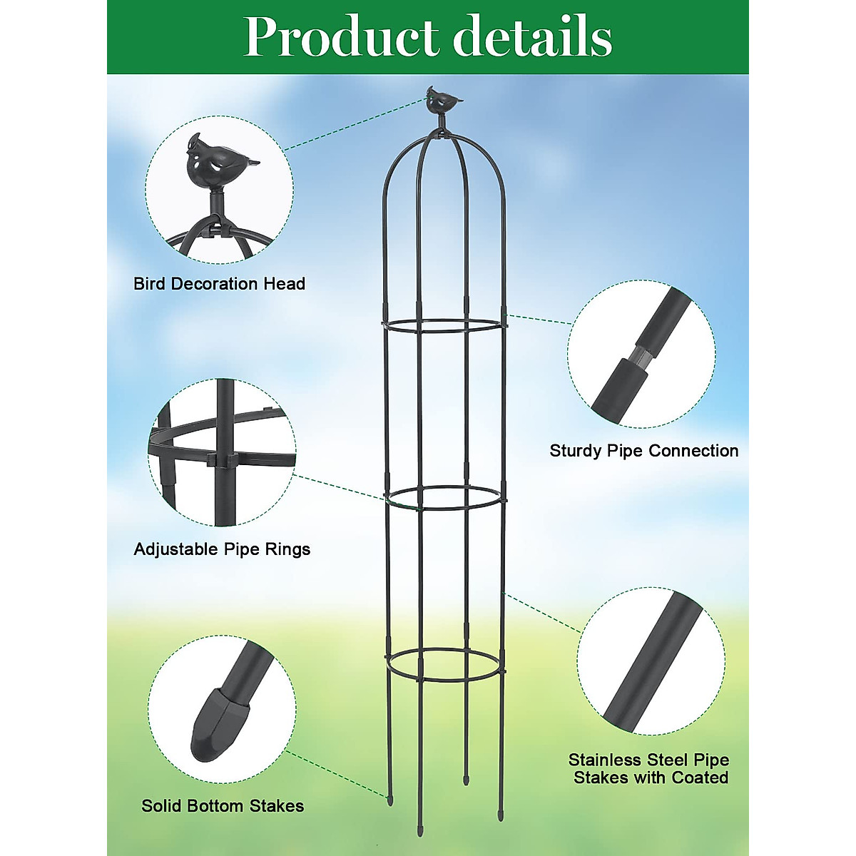 6 Feet Tall Garden Trellis for Climbing Plants Kalolary Garden Tower Obelisk Trellises Rustproof Metal Potted Plant Climbing Support for Indoor Outdoor Flowers Vegetable Fruits Vines Support (Black)