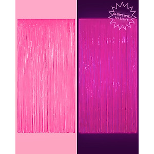 xo, Fetti Party Decorations Black Light Neon Pink Fringe Curtain - Set of 2 | Groovy Rave Bachelorette Party Supplies, Preppy Birthday Decor, Y2k Photo Booth, Baby Shower Backdrop