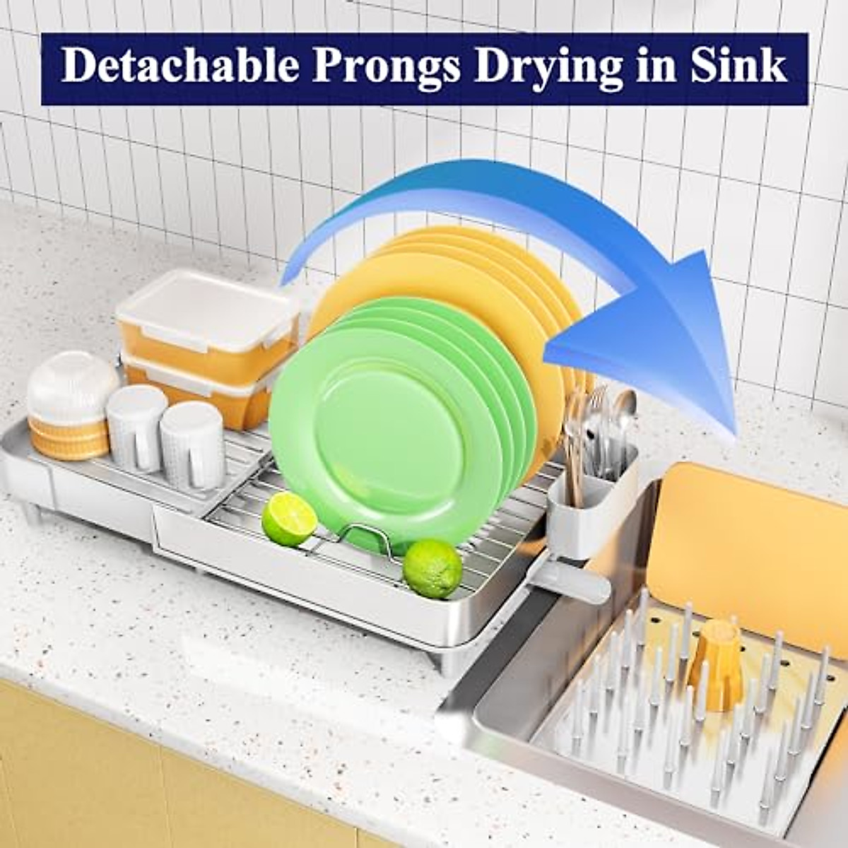Dish Drying Rack - Expandable Dish Racks - Large Stainless Steel Dish Drainer for Kitchen Counter with Utensil Holder and Cup Holder, White