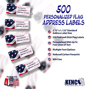 Customized Personalized Address Labels - Made in The USA by Kenco (500 Labels, American Flag)