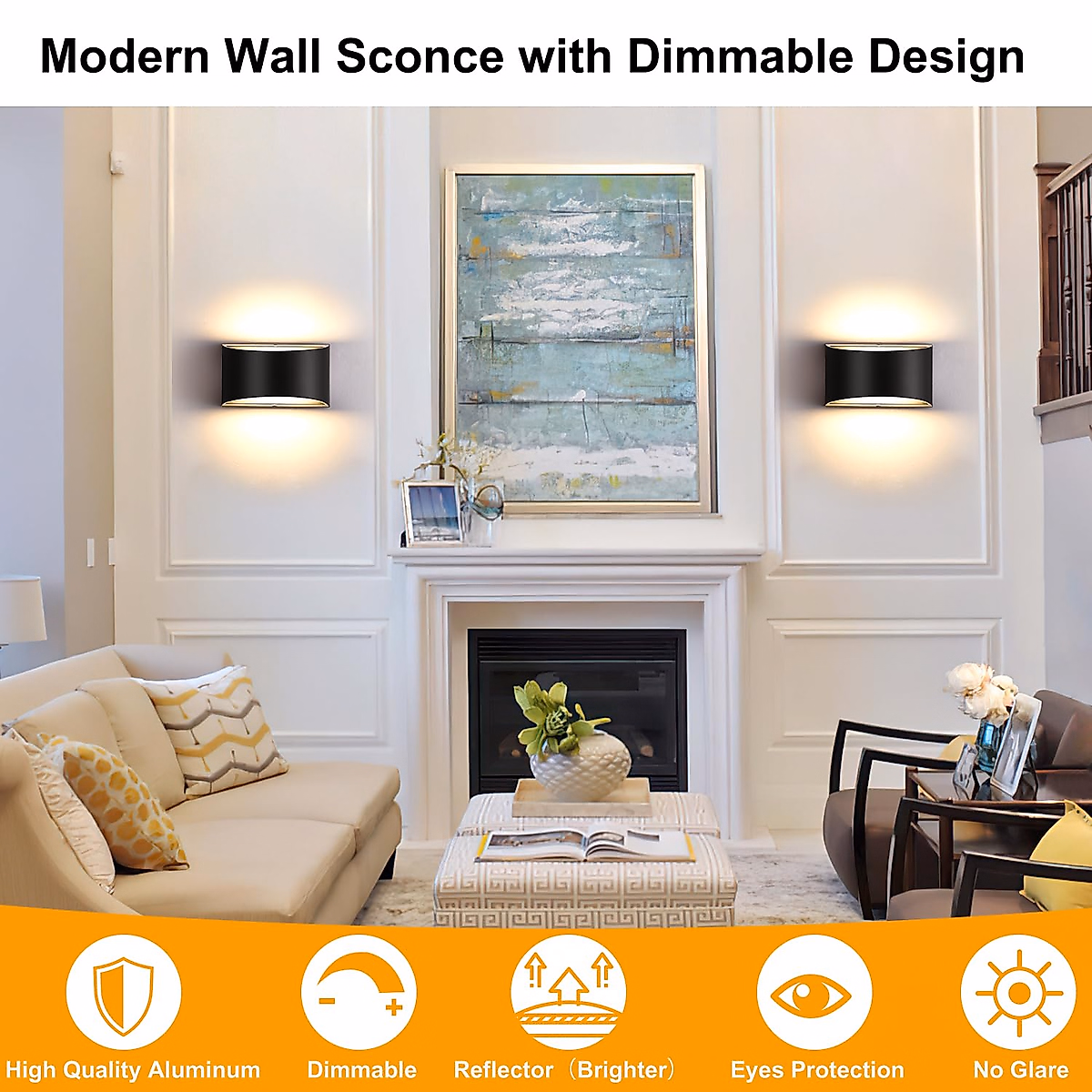 Hollymaze Modern Wall Sconces, Dimmable Wall Sconce Up and Down Wall Mount Light Black LED 14W Aluminum Wall Light Fixtures for Living Room Bedroom Hallway Stairway Corridor (Warm White)