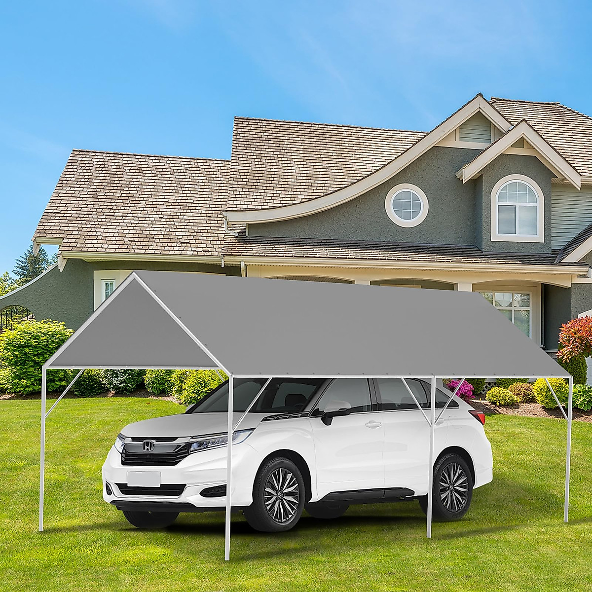 Canopy Replacement Cover for 10' x 20' Carport Frame, 200G Heavy Duty Replacement Top Cover for Car Garage, Waterproof & UV Protected Tarp with 48 Ball Bungees (Only Cover, Frame Not Included), Grey