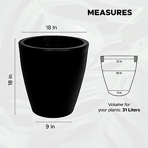 Elly Décor 17 inch Planter for Garden with Drainage, Large Round, Lightweight & Extremely Durable, Deck Indoor/Outdoor Plastic Pot, 17"x15"x9", Black