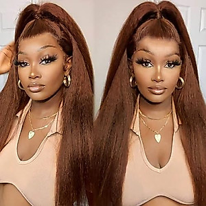 NOSTALGIA 32 Inch Copper Brown Kinky Straight Wig - Natural Kinky Wig for Black Women - Yaki Straight Hair Wig - Synthetic Middle Part Wigs - Daily Party Wig
