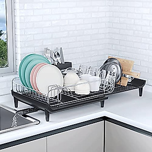 JINGFU Dish Drying Rack - Stainless Steel Dish Racks for Kitchen Counter, Large Dish Drying Rack with Drainboard, Dish drainers for Kitchen Counter,Expandable Dish Rack for Cups, Cutlery, Pot&lid