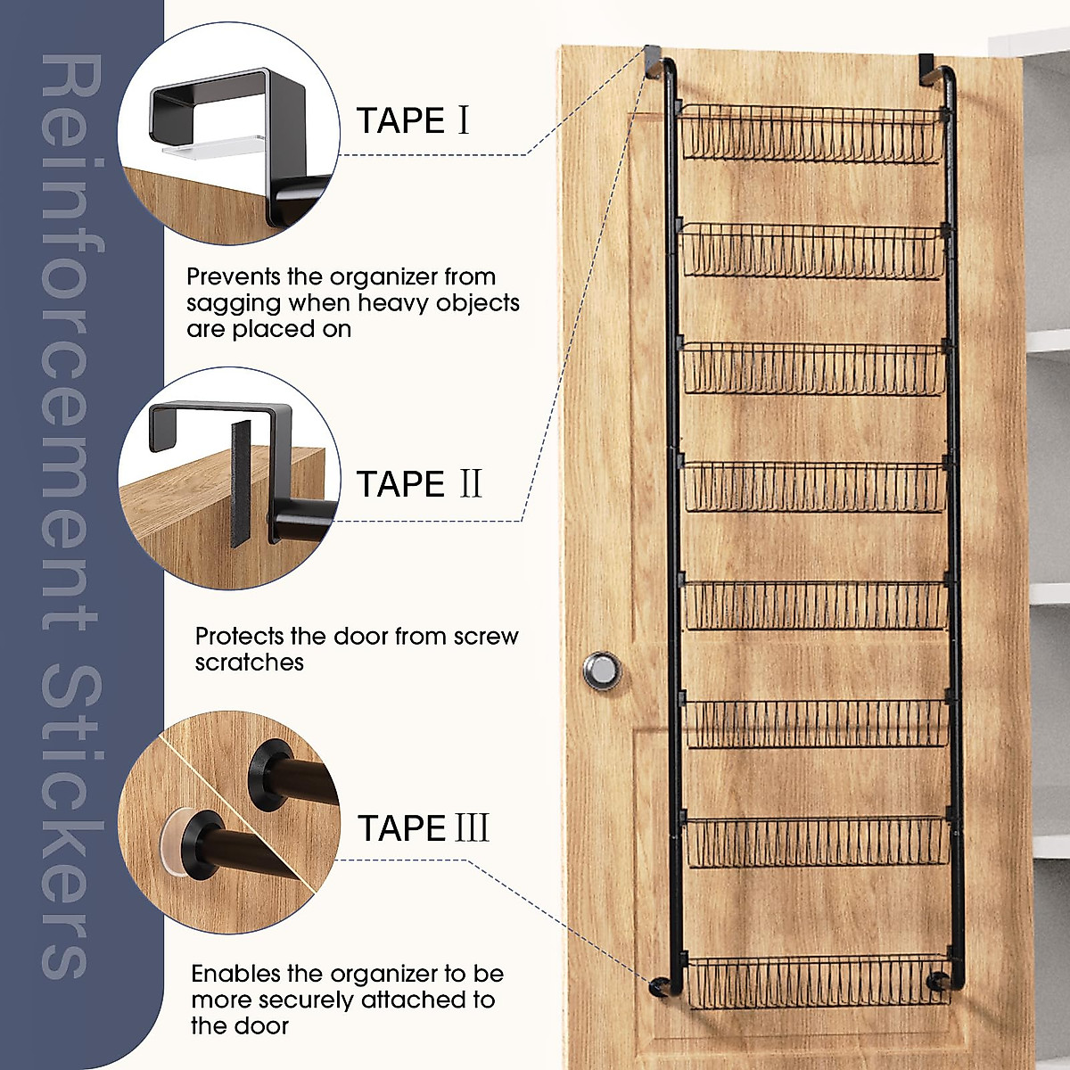 Goovilla Over The Door Pantry Organizer, 8-Tier Pantry Organization and Storage, Metal Hanging Spice Rack for Pantry Door, Kitchen, Laundry, Bathroom Organization, Back of Door Seasoning Rack, Black