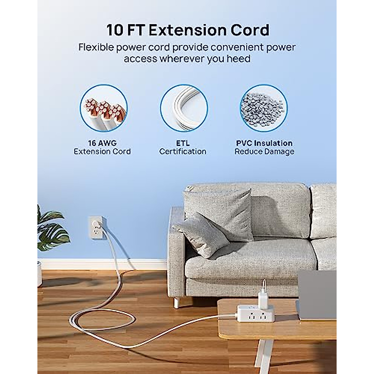 TROND Ultra Thin Flat Extension Cord 10 ft, Flat Plug Power Strip Surge Protector, 6 Wide Space Outlets 3 USB Ports(1 USB C), 3 Side Outlet Extender, Desk Charging Station Compact for Travel Home Dorm