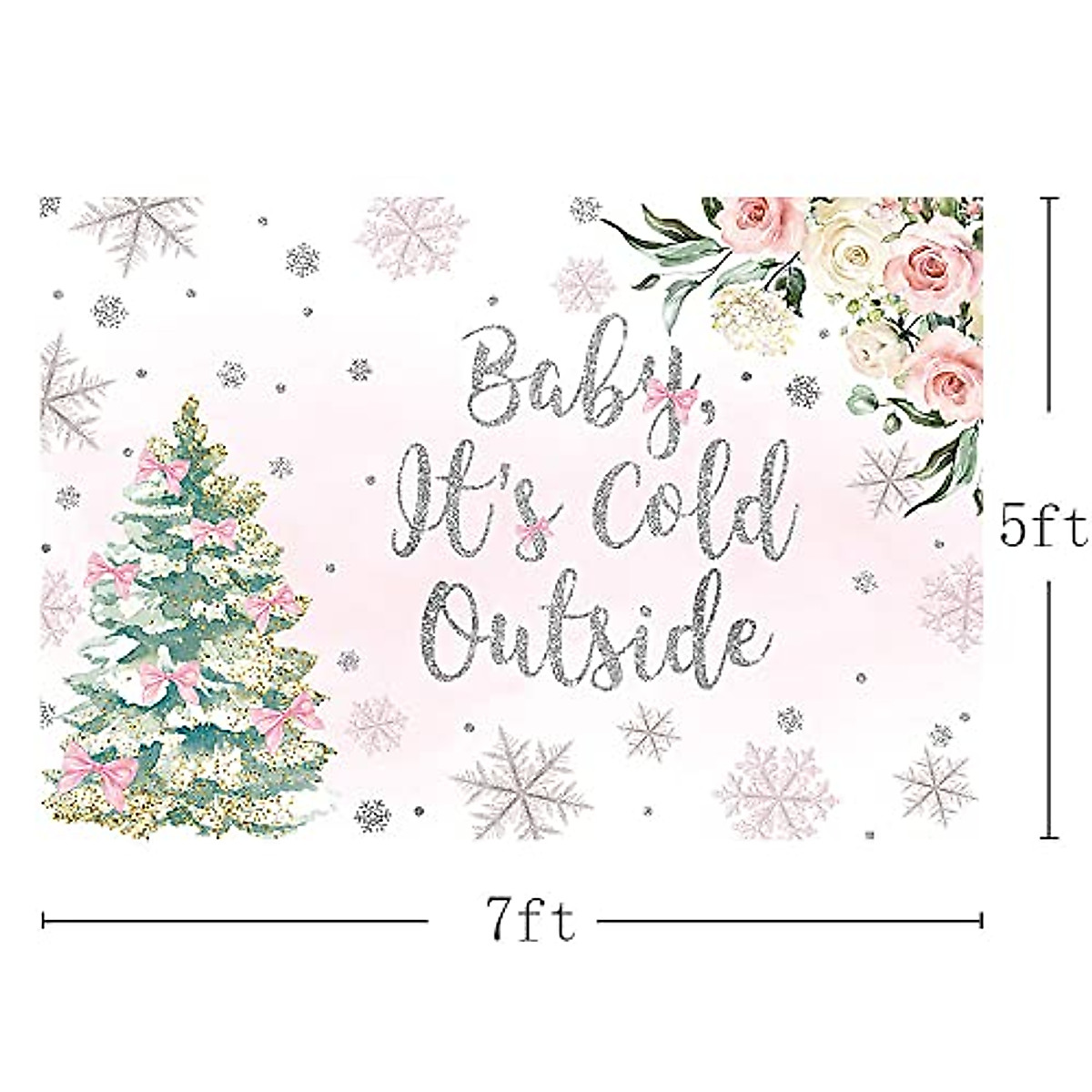 MEHOFOND Baby It's Cold Outside Backdrop Girl Baby Shower Party Decorations Silver Snowflake Winter Wonderland Photo Booth Banner Christmas Tree White Blush Pink Floral Background 7x5ft