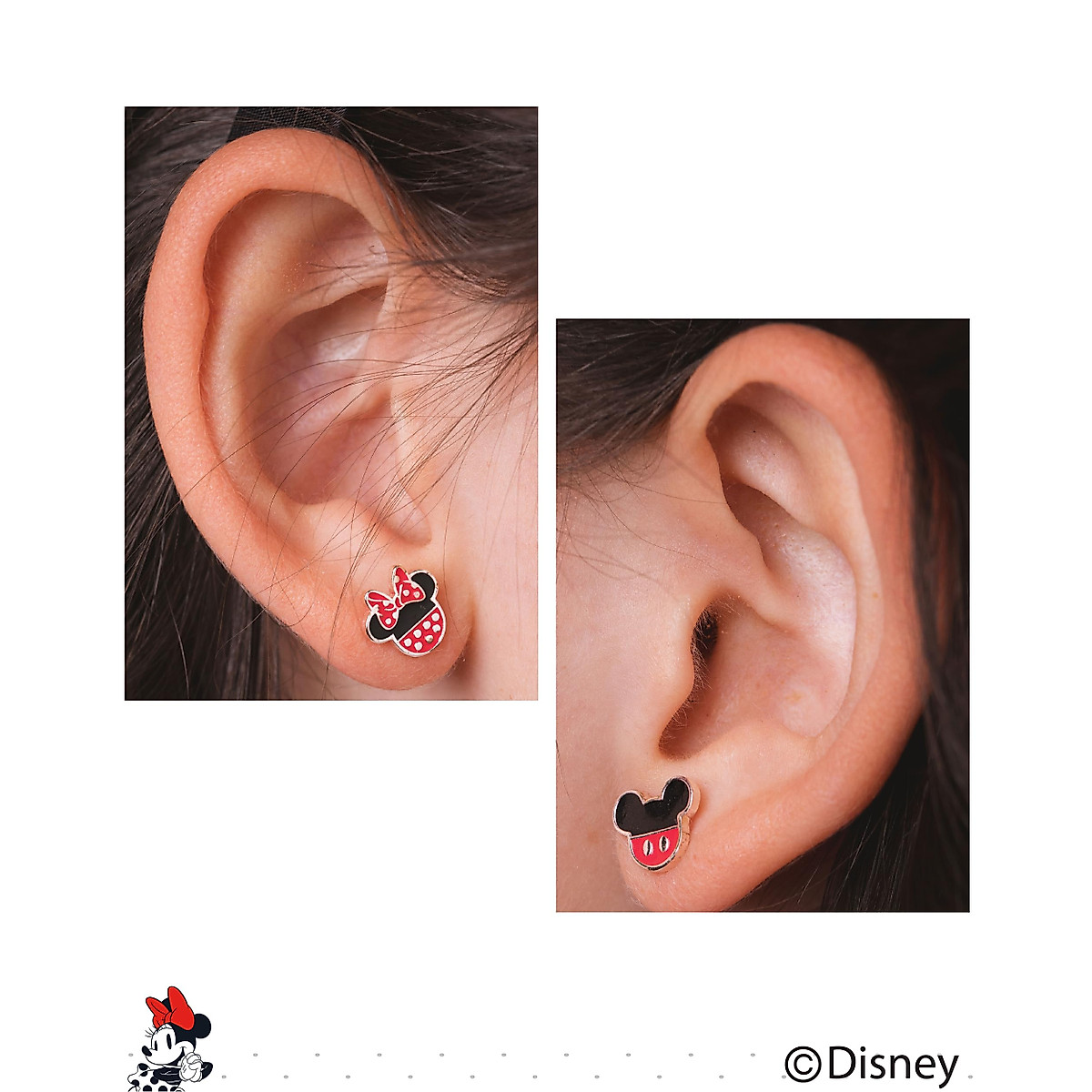 Disney Mickey Mouse and Minnie Mouse Mismatched Stud Earrings for Girls, Silver Plated, Officially Licensed