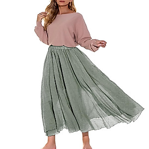 ASHER FASHION Women's Bohemian Style Elastic Waist Band Cotton Linen Long Maxi Skirt Dress (85CM, Light Green)