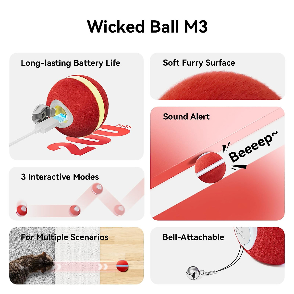 Cheerble 【2025 Upgrade】 Interactive Cat Ball Toy, Wicked Ball M3, Automatic Moving Ball Toy for Indoor Cat Kitten, Smart Anti-Depression Pet Toy Fun Gift with Light