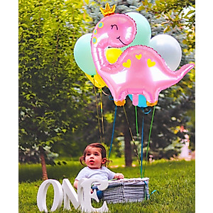 Pink Dinosaur Balloons Girls Dinosaur Balloons, 38 Inch Big Foil Mylar Dino Balloon with Crown for Kids Girls Dinosaur Theme Princess Birthday Baby Shower Party Decorations Supplies Dino party Decor