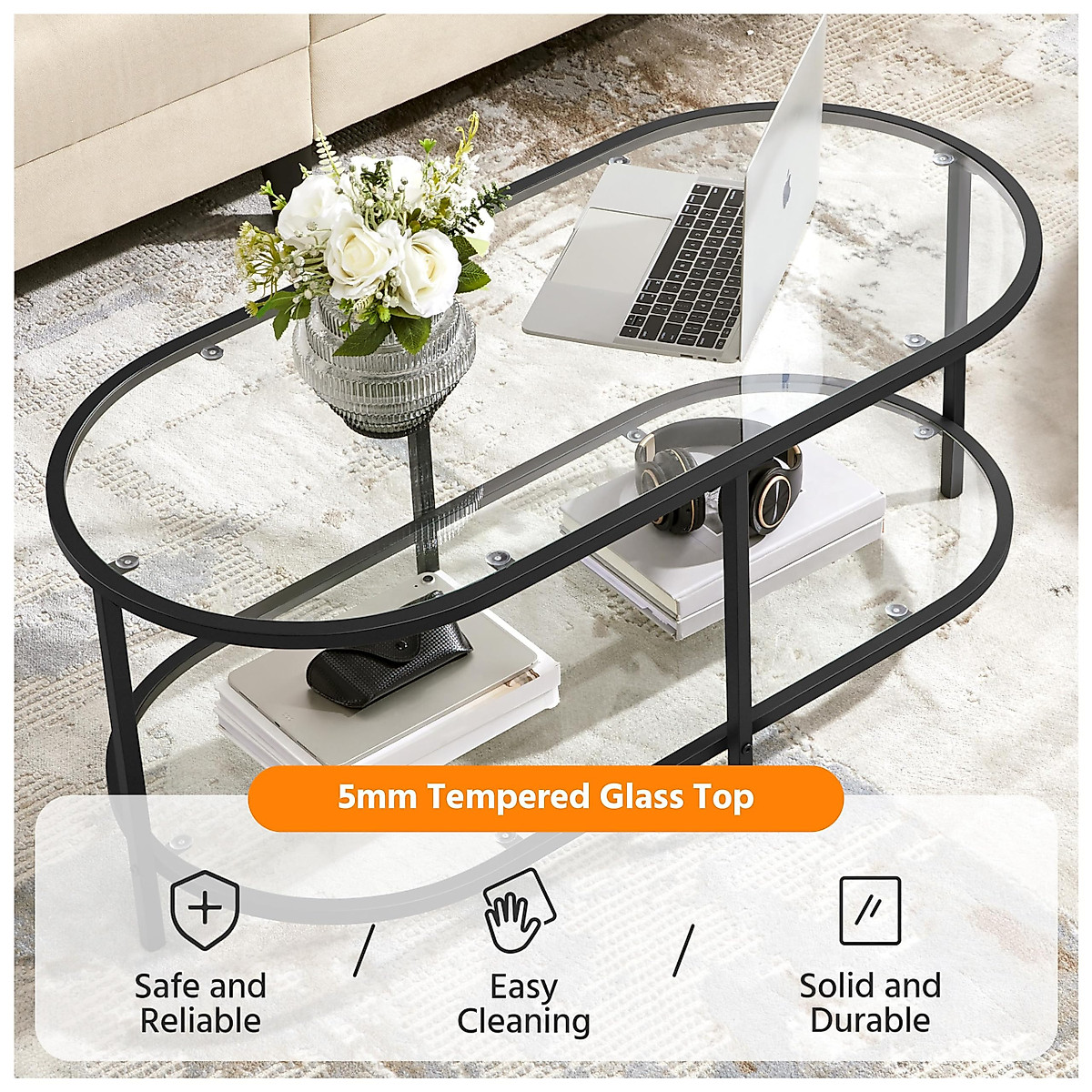Yaheetech Glass Coffee Table, Black Small Coffee Table for Living Room, 2-Tier Modern Center Tea Table with Storage Shelf for Small Space, Apartment
