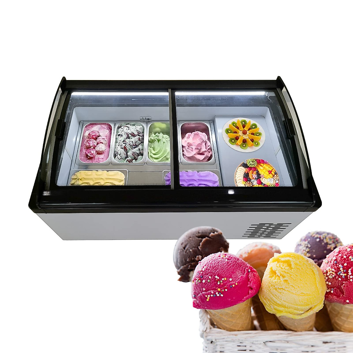 Vaseni Commercial Ice Cream Freezer Display Case, Glass Top Ice cream Showcase Countertop Gelato Display with 6 Square Storage Baskets, 6.35 cu.ft Capacity