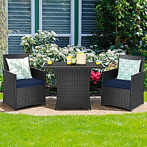 Tangkula 3 Pieces Patio Dining Set, Space-Saving PE Rattan Bistro Set with Tempered Glass Top Table and Cushioned Chairs, Outdoor Conversation Set for Garden Backyard Poolside Porch (Blue)