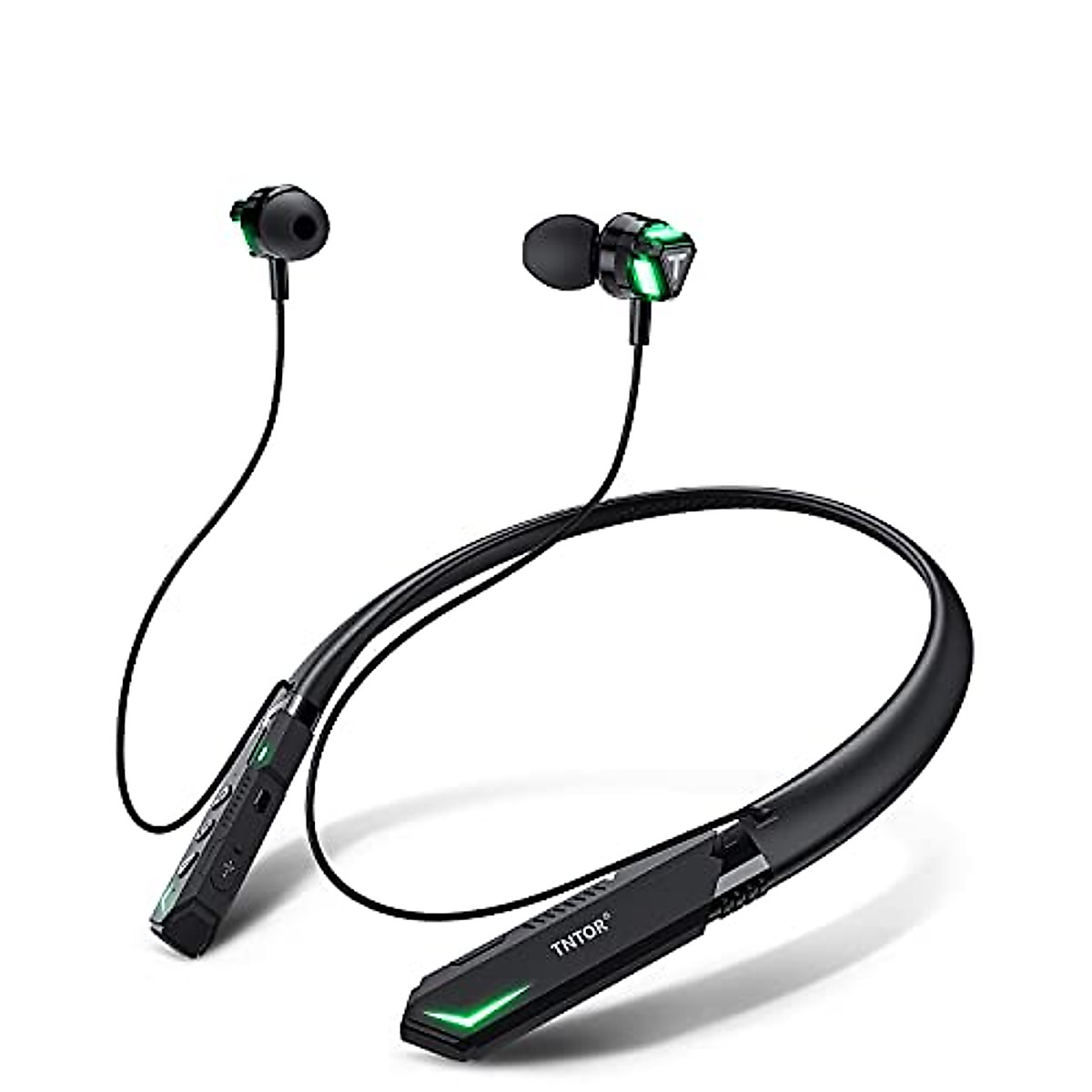 TNTOR Neckband Bluetooth Headphones with Microphone, Wireless Headphones Bluetooth 5.0 with Bright Green LED Ambient Light, Ultra Low Latency, Sweatproof for Gaming Running Sport