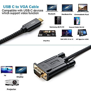 DteeDck USB C to VGA Cable 6 ft, USB Type C (Thunderbolt 3) to VGA Cable Sturdy Braided for USB 3.1 Devices-Compatible with MacBook Pro, iPad Pro Galaxy S10/S9/S8, Surface Book 2, Dell XPS, HP Etc