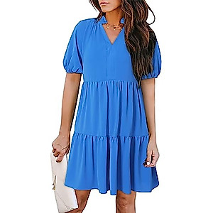 Dokotoo Womens 2023 Boho Spring Summer Dresses Flowy Casual V Neck Puff Short Sleeve Aline Short Mini Sun Dress Blue Medium