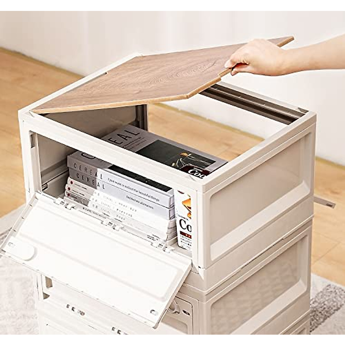 Simbuy Collapsible Storage Bins with Wood Lids, 8.5Gal Plastic Storage Truck for Closet Organizer,Camp & College Organizer Box with Wheels 18.5"x13.77"x9.25"